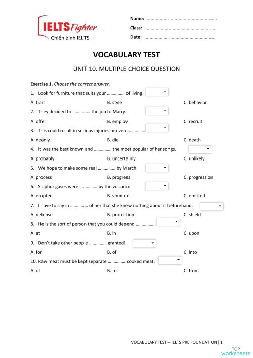 Pre F_ Vocab 10. Interactive worksheet | TopWorksheets