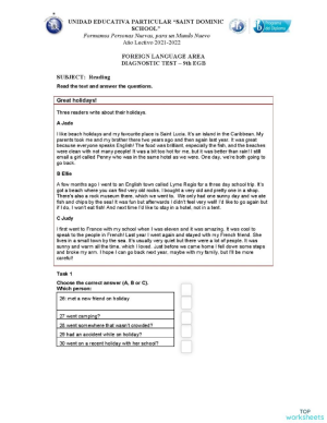 Reading Diagnostic Exam 9th. Interactive worksheet | TopWorksheets