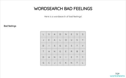 WORDSEARCH BAD FEELINGS. Interactive worksheet | TopWorksheets