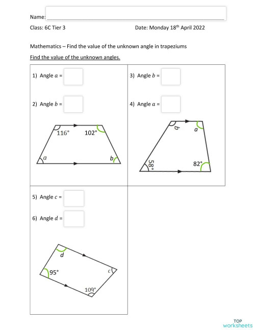 Unknown Angle in Trapezium. Interactive worksheet | TopWorksheets