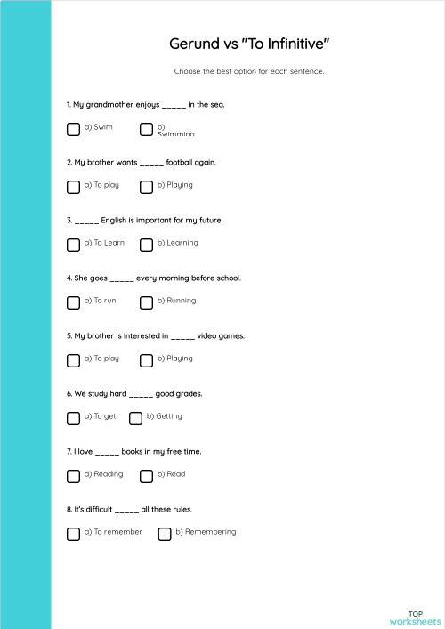 Gerund vs "To Infinitive". Interactive worksheet | TopWorksheets