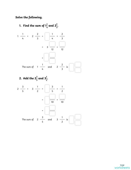 Addition of Mixed Number Diff. Interactive worksheet | TopWorksheets