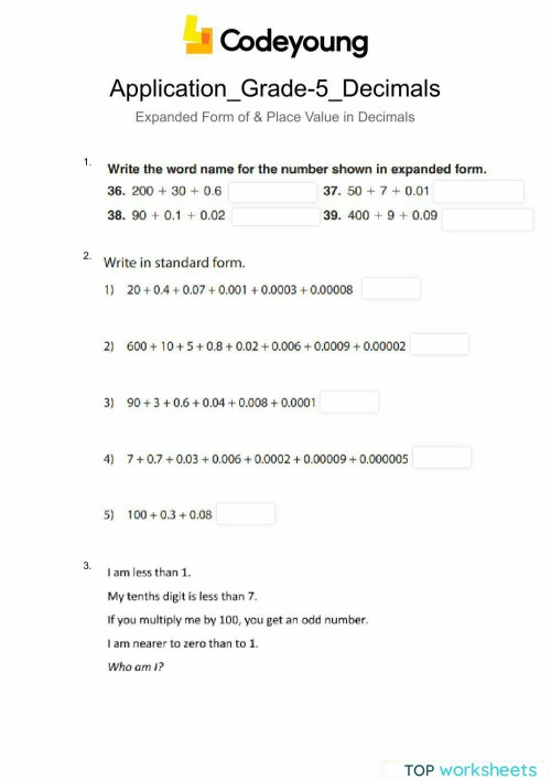 Application-Expanded Form & Place Value in Decimals. Interactive worksheet | TopWorksheets