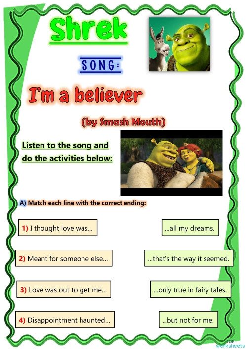 Shrek - Song "I'm a believer". Interactive worksheet | TopWorksheets