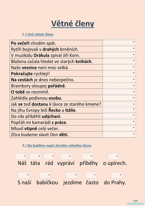 Čeština: interaktivní pracovní listy a online cvičení | TopWorksheets