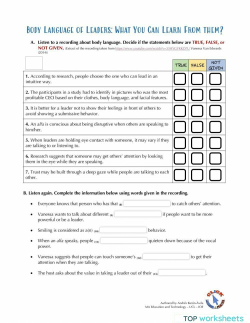 Listening Ex. - Body Language of Leaders. Interactive worksheet ...