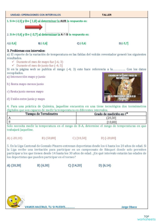 OPERACIONES CON INTERVALOS. Ficha interactiva | TopWorksheets