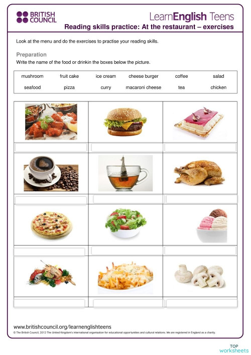 At the restaurant. Interactive worksheet | TopWorksheets