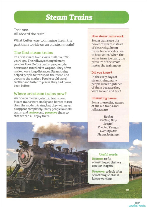 Practice Comprehenion 4 Steam Trains. Interactive worksheet | TopWorksheets