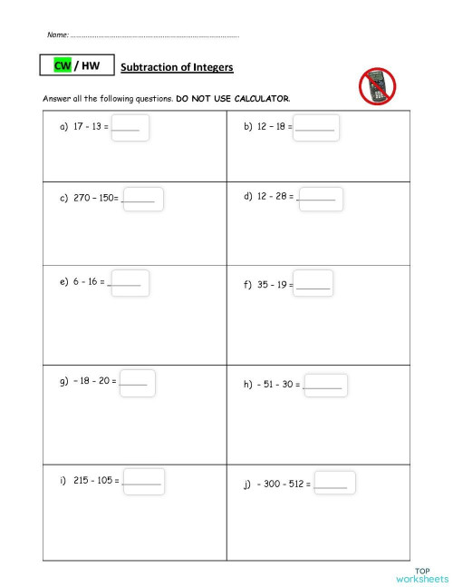 Classwork: Subtraction of Integers. Interactive worksheet | TopWorksheets