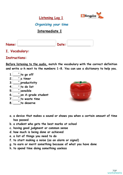 Intermediate I (Listening Log 1). Interactive worksheet | TopWorksheets