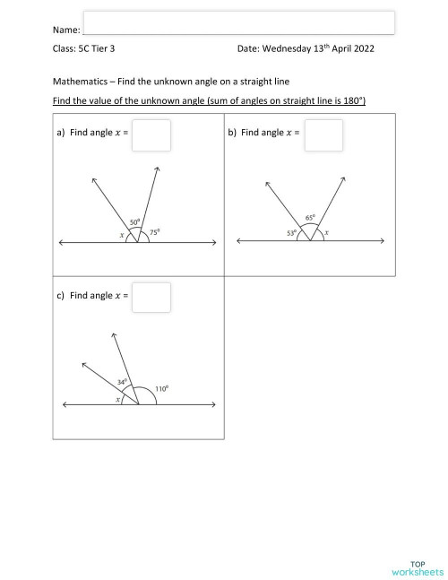 Unknown angle on a straight line. Interactive worksheet | TopWorksheets