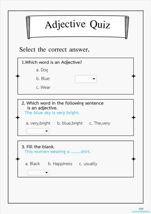 Adjective worksheet. Interactive worksheet | TopWorksheets