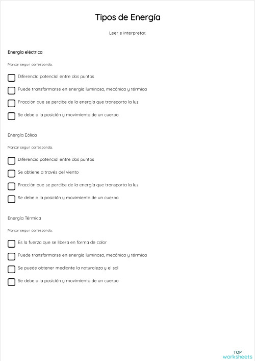 Tipos de Energía. Ficha interactiva | TopWorksheets
