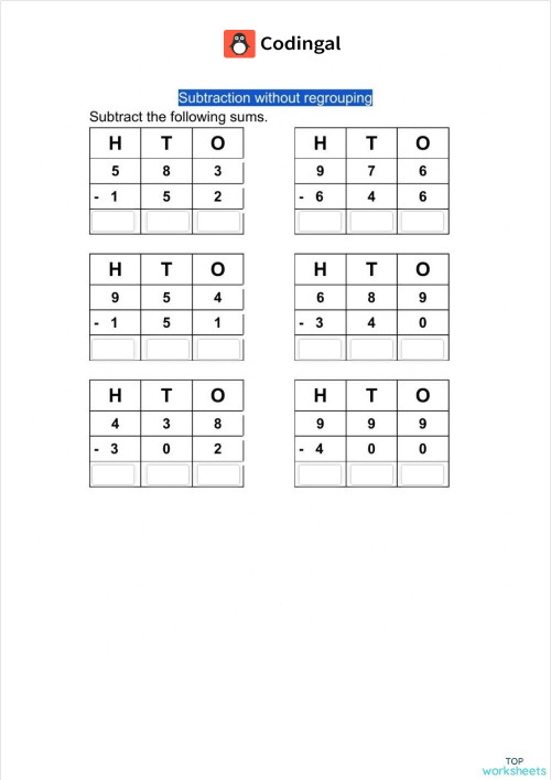 M_G03T02_WC02_3-digit Subtraction. Interactive worksheet | TopWorksheets