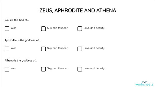 ZEUS, APHRODITE AND ATHENA. Interactive worksheet | TopWorksheets