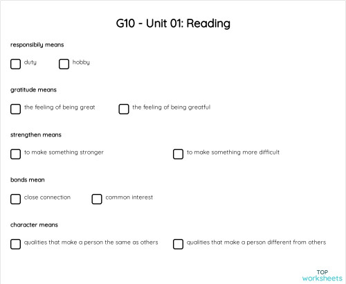 G10 - Unit 01: Reading. Interactive worksheet | TopWorksheets