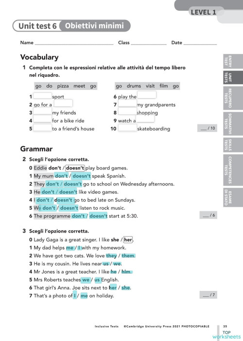 Unit test 6 INCLUSIVE. Scheda interattiva | TopWorksheets