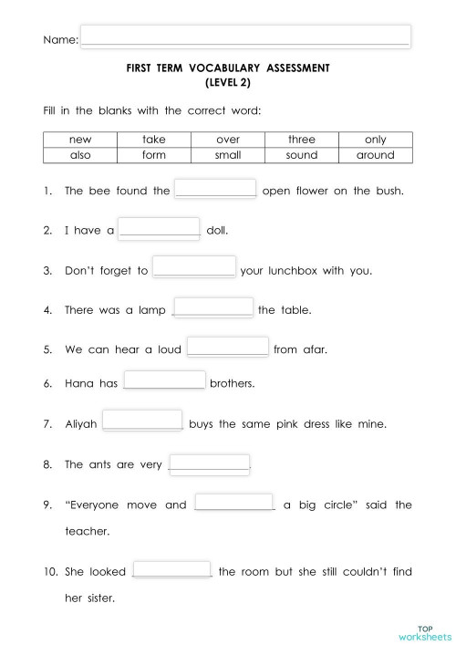 Vocabulary Assessment 1. Interactive worksheet | TopWorksheets