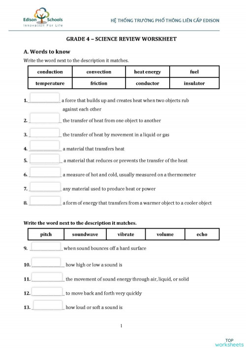 Grade 4. Heat energy, Sound. Interactive worksheet | TopWorksheets