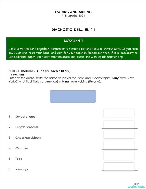 Reading Diagnostic Drill-Fifth Grade-Unit I. Interactive worksheet ...