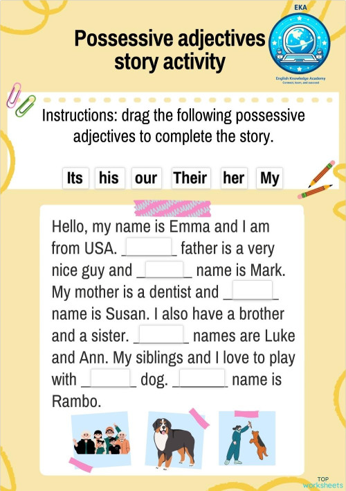 Possessive adjectives story activity. Interactive worksheet | TopWorksheets
