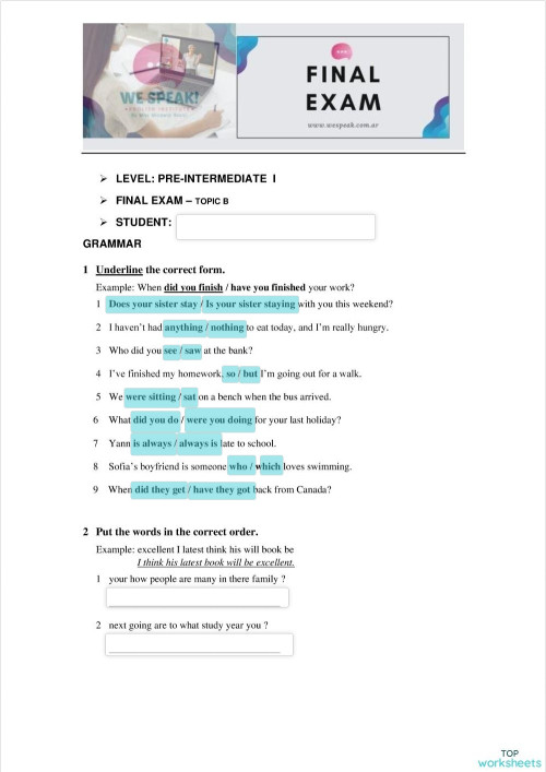 Pre intermediate topic B units 1-4 exam. Interactive worksheet | TopWorksheets