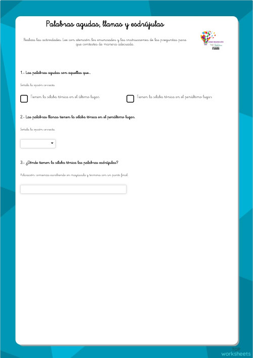 Palabras agudas, llanas y esdrújulas. Ficha interactiva | TopWorksheets