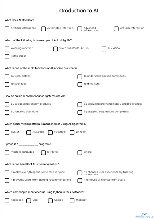 Introduction to AI. Interactive worksheet | TopWorksheets
