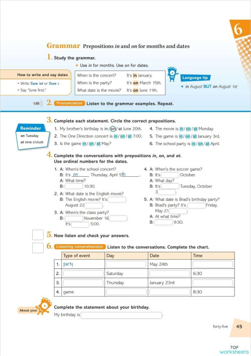 Prepositions in and on for months and dates. Interactive worksheet ...
