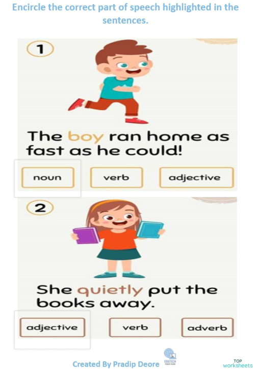 Encircle the correct part of speech.. Interactive worksheet | TopWorksheets