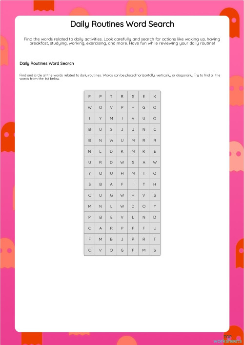 Daily Routines Word Search. Interactive worksheet | TopWorksheets