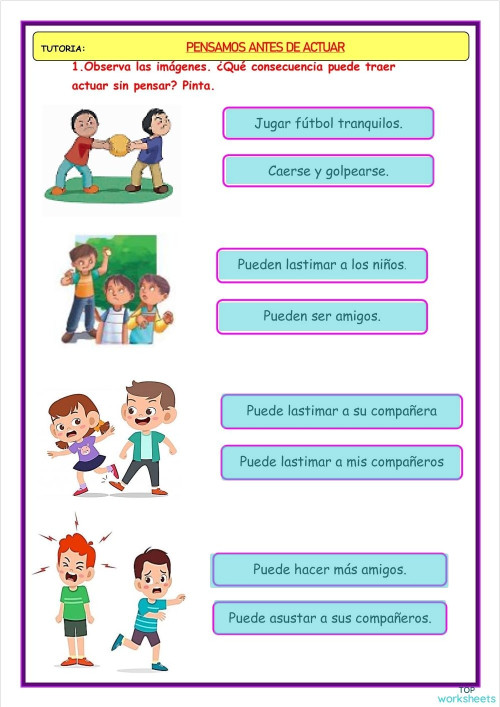 Pensamos antes de actuar. Ficha interactiva | TopWorksheets