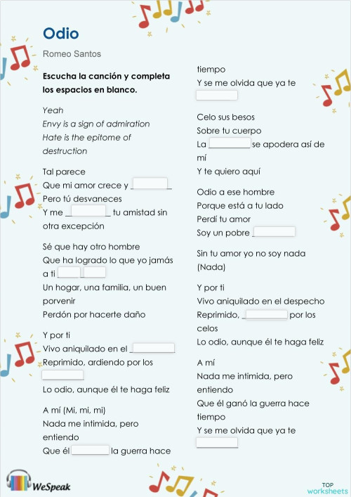 Odio (Romeo Santos). Ficha interactiva | TopWorksheets