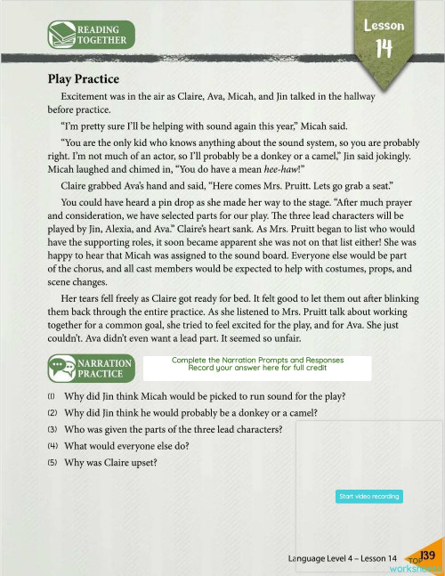 Lesson 14: Reading Together Pg 139. Interactive worksheet | TopWorksheets