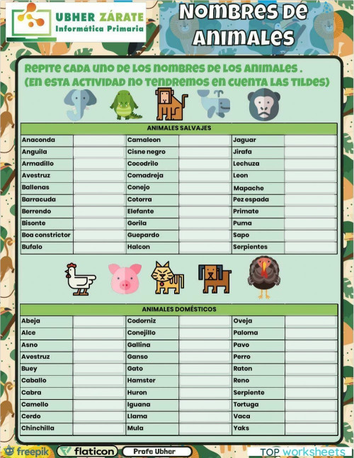 Nombres de animales. Ficha interactiva | TopWorksheets