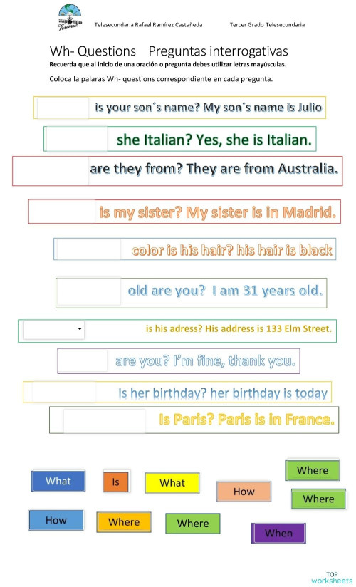 Preguntas interrogativas. Ficha interactiva | TopWorksheets