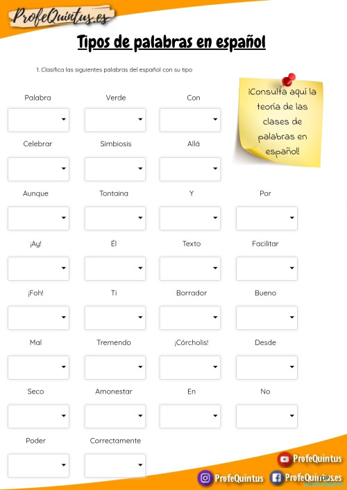 Tipos de Palabra - Elección. Ficha interactiva | TopWorksheets