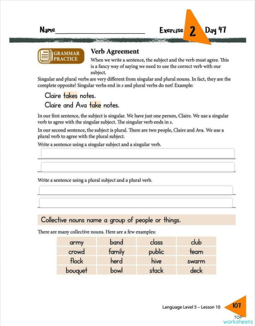 Lesson 10: Verb Agreement Pg 107-108 Ex2. Interactive worksheet ...