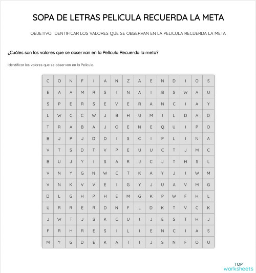 SOPA DE LETRAS PELICULA RECUERDA LA META. Ficha interactiva | TopWorksheets