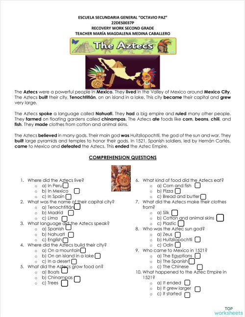 THE AZTECS. Interactive worksheet | TopWorksheets