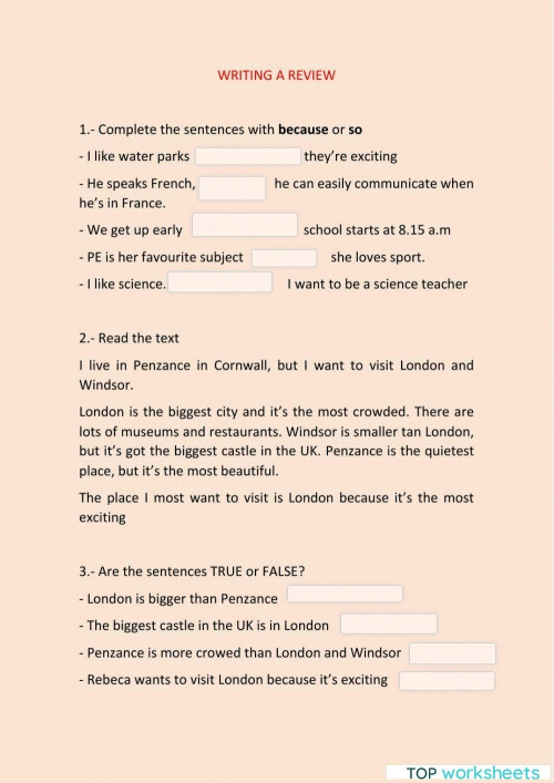 Writing a review. Interactive worksheet | TopWorksheets