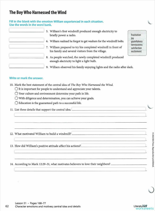 The Boy Who Harnessed the Wind Pg 62. Interactive worksheet | TopWorksheets