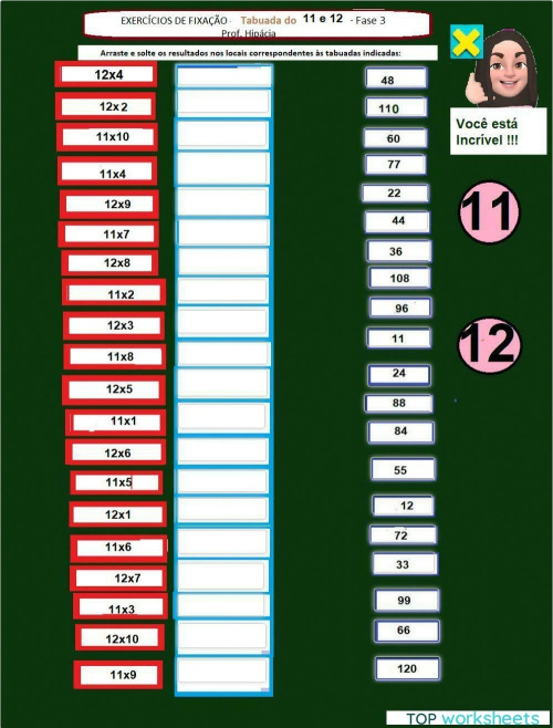 Tabuada do 11 e 12 fase 3. Ficha interativa | TopWorksheets