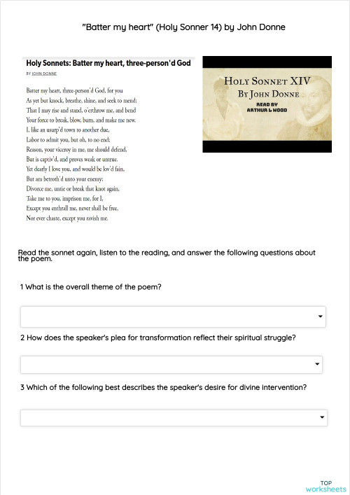 "Batter my heart", byJohn Donne. Interactive worksheet | TopWorksheets