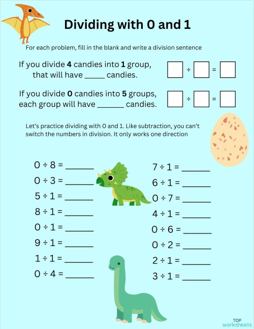 Dividing with 0 and 1. Interactive worksheet | TopWorksheets