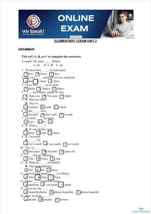 Quick Test Unit 2 Elementary I. Interactive worksheet | TopWorksheets