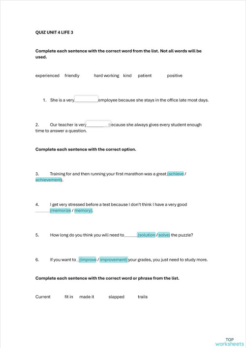 LIFE 3 UNIT 4 QUIZ. Interactive worksheet | TopWorksheets