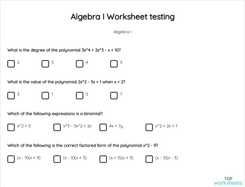 Algebra I Worksheet testing. Interactive worksheet | TopWorksheets