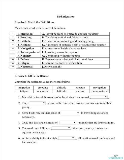 Reading Comprehension Test_Unit 1.2_Bird Migration. Interactive ...